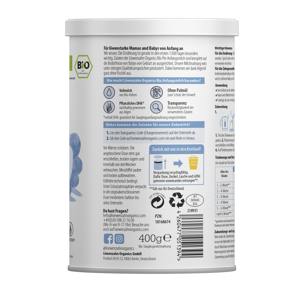 Organic first infant formula made with whole milk