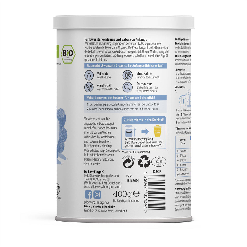 Organic first infant formula made with whole milk