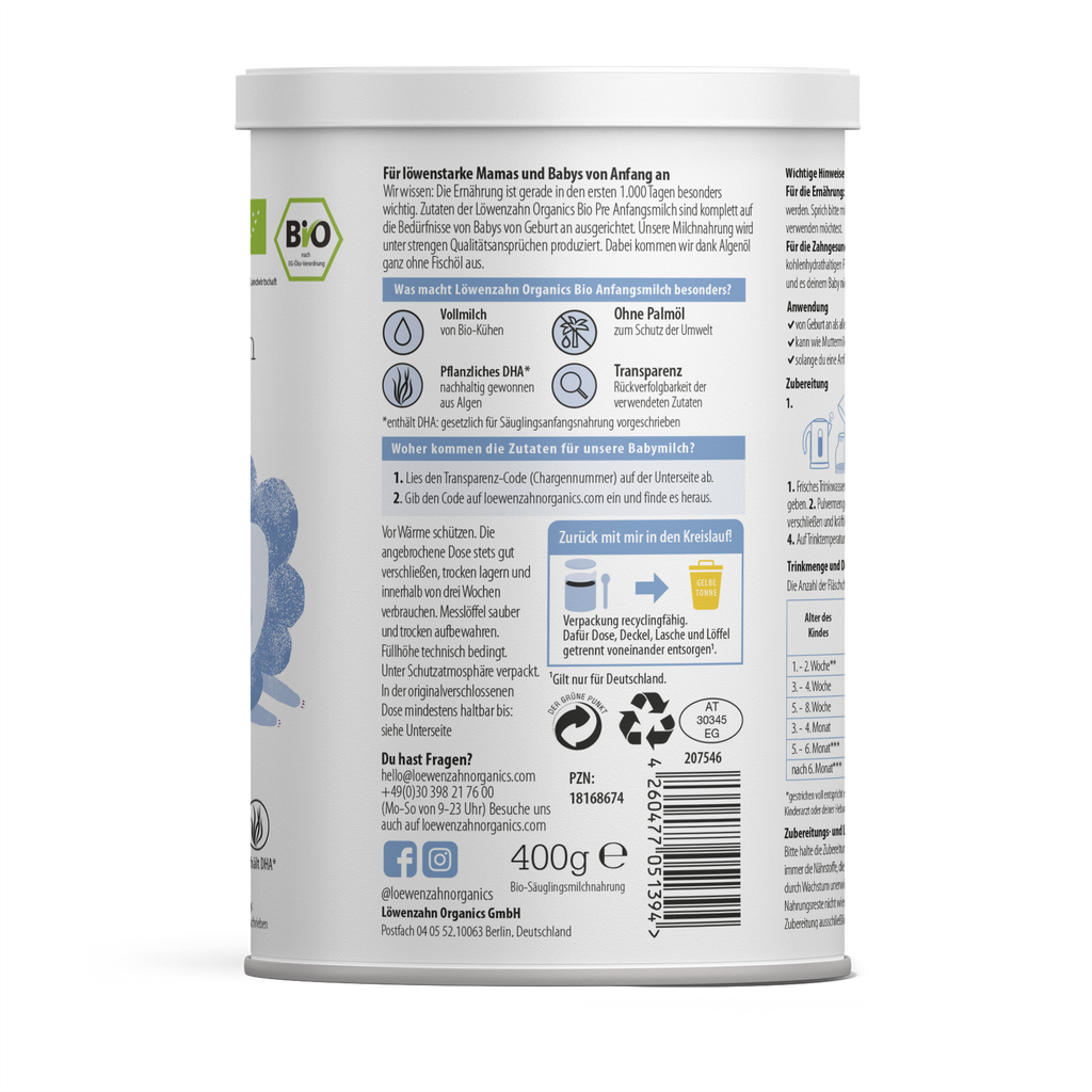 Organic first infant formula made with whole milk